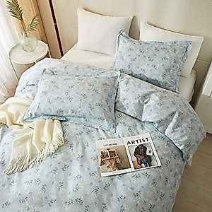 HighBuy Boho Floral Duvet Cover Queen Cotton Aesthetic Blue Floral Queen Comforter Cover Set Lightweight Soft Garden Style Bedding Set Duvet Cover Set Zipper Closure Breathable