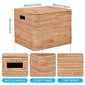 FIYAMMY Rattan Basket With Lid, Large Lidded Basket For Storage Rattan Box(15.7" L×13"W×11.8"H)