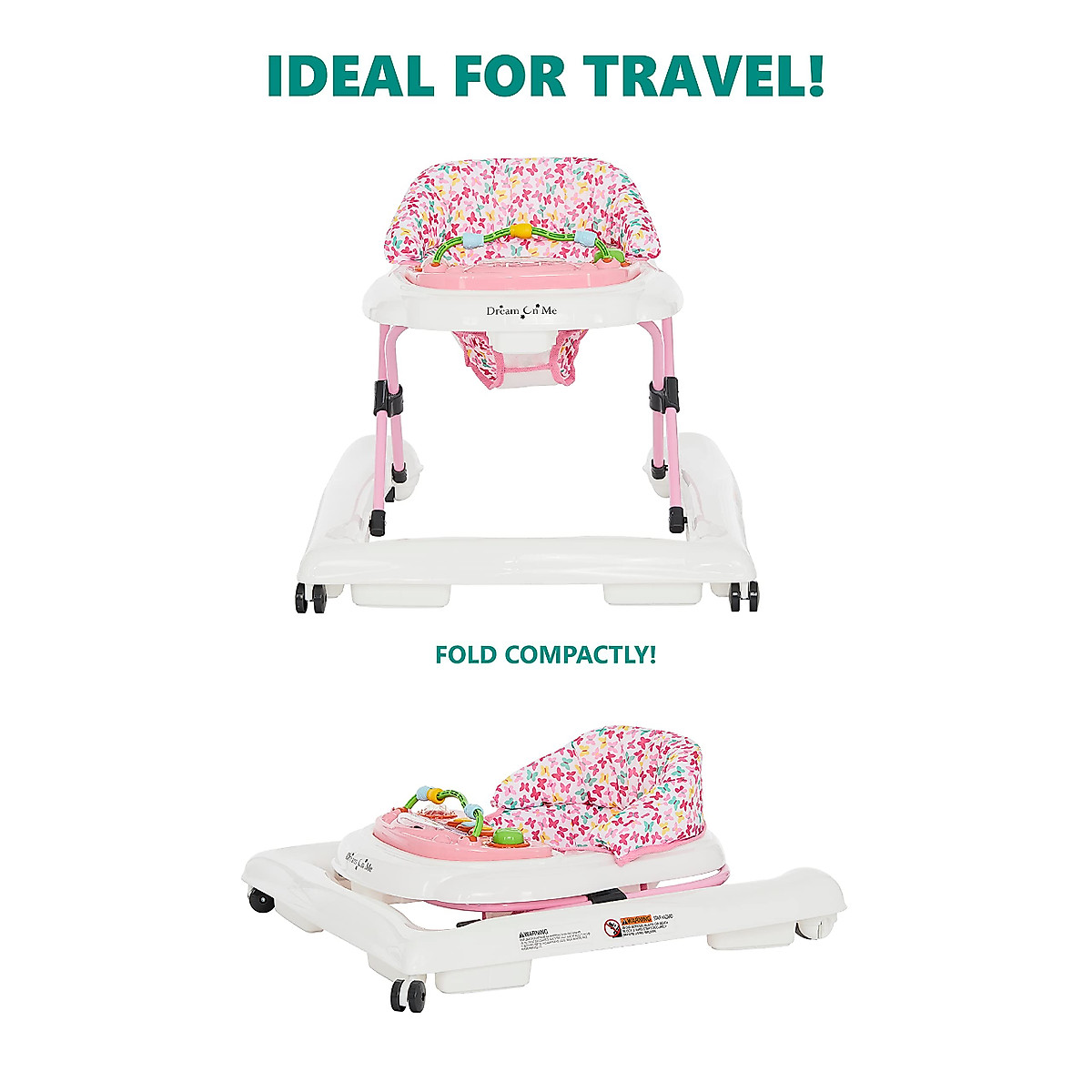 Dream On Me 2-in-1 Ava Baby Walker, Easy Convertible Baby Walker, Walk Behind, Height Adjustable Seat, Added Back Support, Detachable Slate, Spring Pink