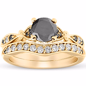 1 3/4 Ct Black & White Diamond Engagement Wedding Ring Set 10k Yellow Gold - Size 9