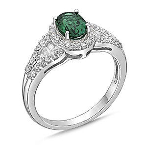.925 Sterling Silver, Oval Cut Lab-Grown Emerald & Round + Baguette Cut Lab-Grown White Sapphire Halo Flared Band Engagement Ring - Size 7