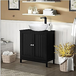 Iwell Pedestal Sink Storage Cabinet with 2 Doors and Shelf, Under Sink Cabinet, Bathroom Sink Cabinet with U-Shape, Black