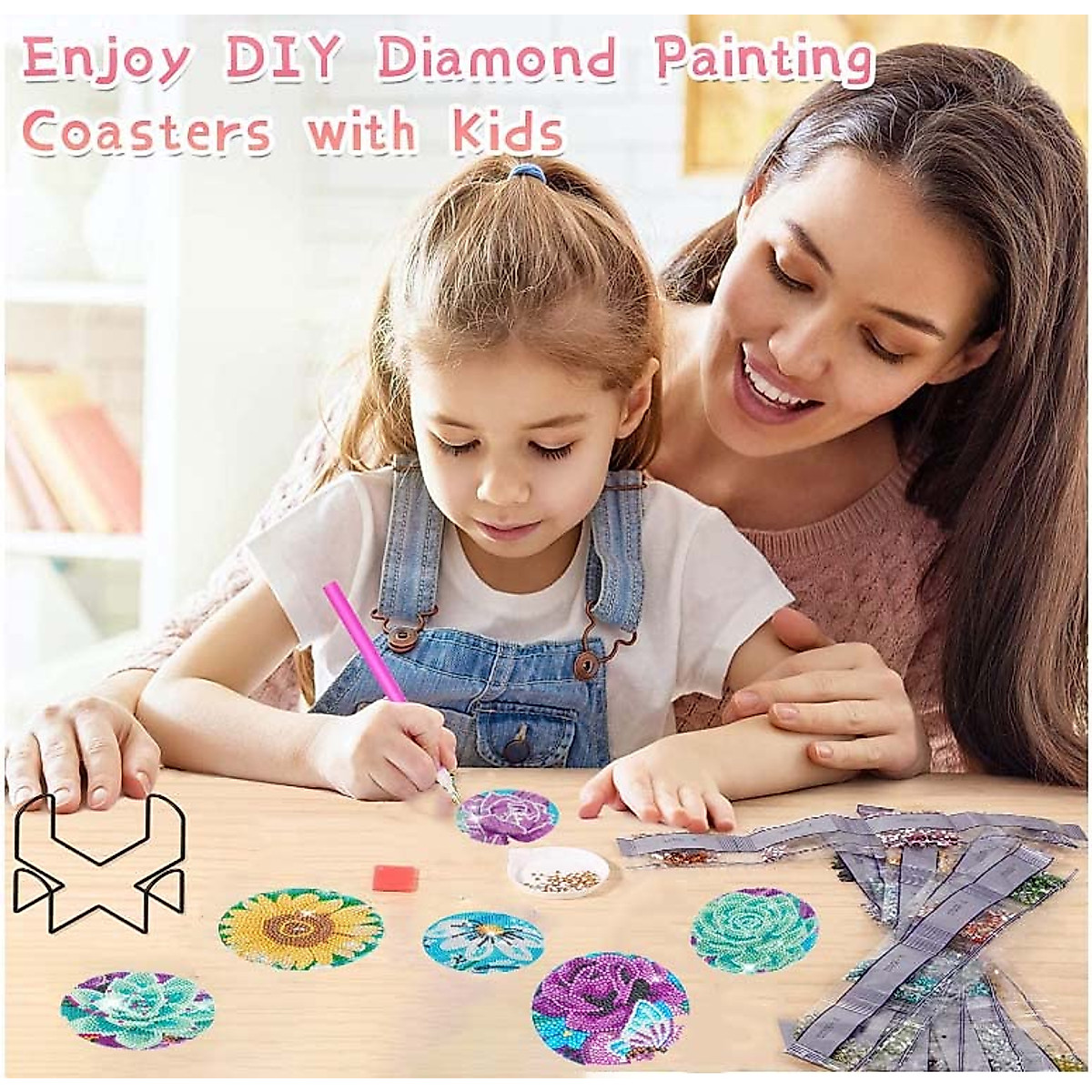 DOTZSO Diamond Art Painting Coasters,Diamond Dot Art DIY Coasters Art and Crafts for Adults Diamond Art Coaster Sets for Beginners Adults and Kids Art Craft Supplies（Flower）