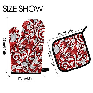 Winter Valentines Candy Canes Oven Mitts Pot Holder Sets 2pcs Sweets Christmas Xmas Non-Slip Kitchen Heat Resistant Hot Pads for Women Cooking Gloves Baking Wear BBQ