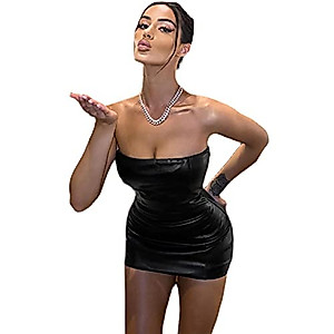 GOOHO Women Sexy Club Party Strapless Bodycon Pu Leather Black Ruched Latex Dress (SPUD-Medium)