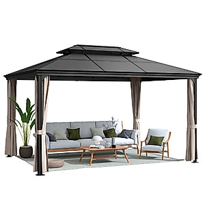 Flamaker Hardtop Gazebo Aluminum Frame Outdoor Gazebo with Privacy Curtains and Gauze Mesh Sunshade Pavilion Double Roof Canopy for Patio, Lawn, Deck, Poolside (Polyurethane Roof, 10' x 13')