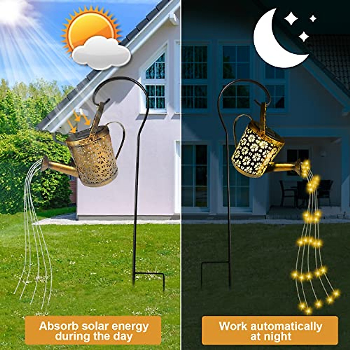 Solar Watering Can Lights Outdoor, Fairy Garden Lights, Hanging Solar Lights Metal Waterproof for Table, Patio, Yard Pathway, Outdoor Decorations with Hollow-Out Flower Design (with Hook and Stand)