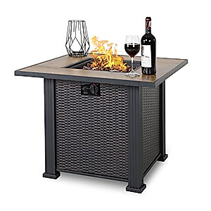 Nuu Garden 30 Inch 40,000 BTU Propane Gas Fire Pit Table, Steel and Wicker Square Outdoor Fire Table with Lid, Lava Rocks, ETL Certification, for Balcony, Patio, Garden, Party, Black