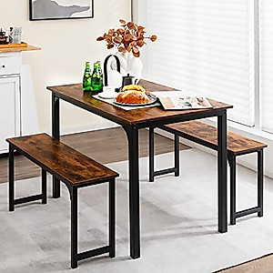 Moccha 3-Piece Dining Table Set for 4, 43" Modern Dining Room Table Set w/2 Benches & Metal Frame, Space Saving Kitchen Table Set for Living Room, Breakfast, Small Space (Rustic Brown & Black)