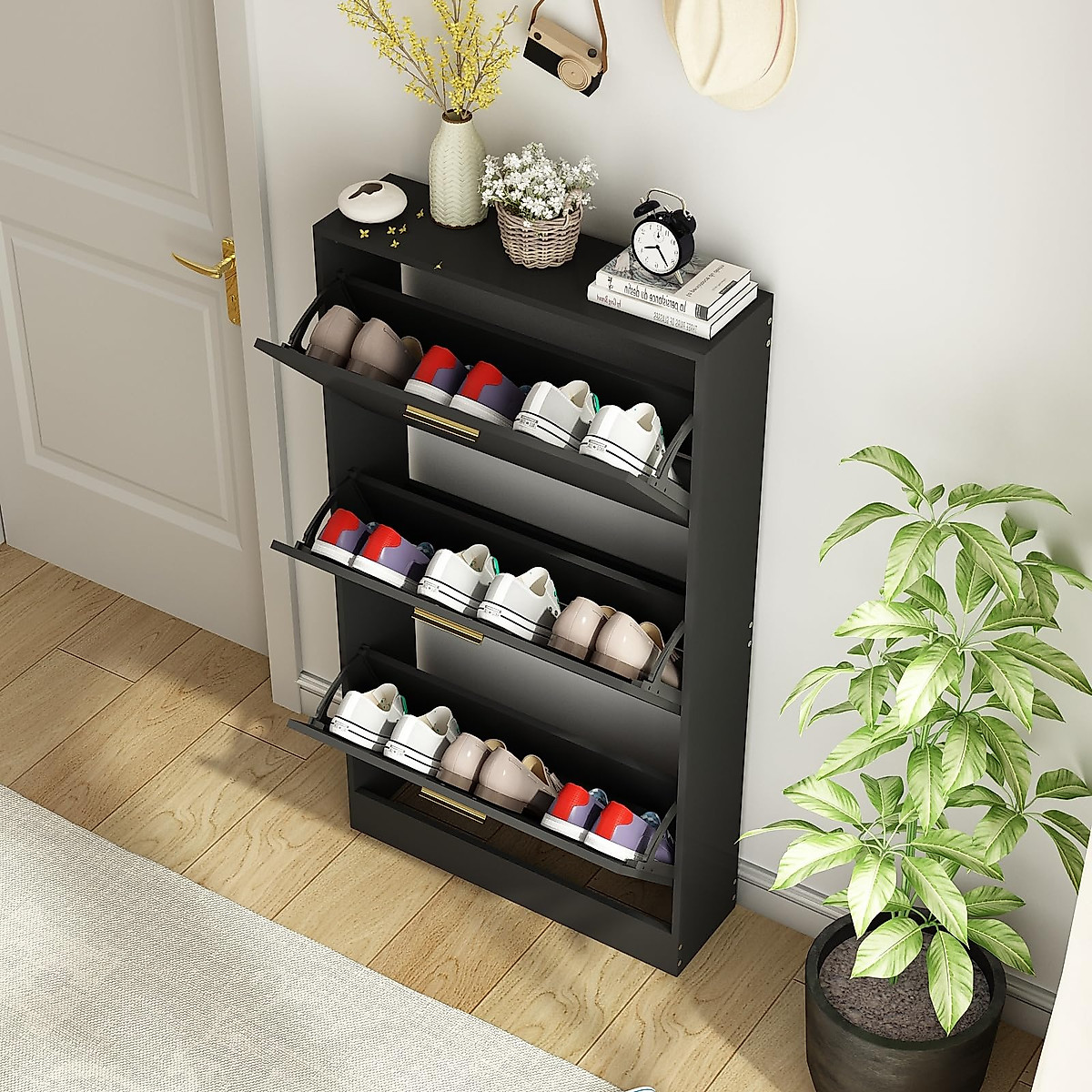 NOVAMAISON Shoe Cabinet Set of 2, Narrow Shoe Storage Cabinet with 3 Flip Drawers, Wood Hidden Shoe Storage Cabinet for Entryway, Freestanding Shoe Organizer for Hallway, Bedroom, Apartment