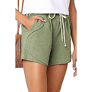 QACOHU 2024 Women's Drawstring Elastic Waist Casual Solid Comfy Cotton Linen Beach Shorts Green XL Womens Linen Summer Pants