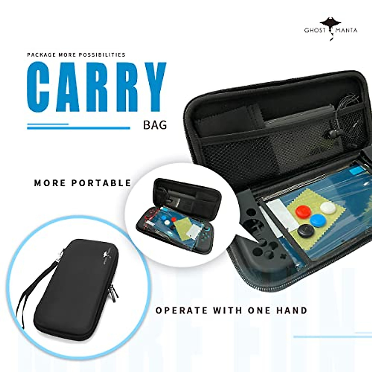 Ghost Manta 13 in 1 Accessories Kit Compatible with Nintendo Switch Earphone, Carry Bag, Tempered Glass, Game Card Storage, 2 Silicon Case, 4 Thumb Grips
