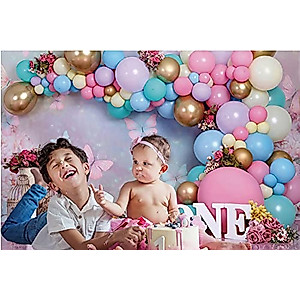 First Birthday Backdrop for Girl Pink Purple Balloon Backdrops for Photography Cake Smash Background for Baby Girl Flowers Butterfly Kids1st Birthday Banner Decorations 7x5ft