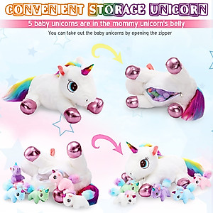 Sumind Rainbow Unicorn Mommy Stuffed Animal with 5 Cute Baby Unicorns in Her Tummy Plush Toy for Mama Girls Baby Toddler Kids 3 4 5 6 7 8+ YearChristmas Birthday Gifts(Adorable Style,White)