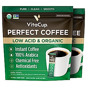 VitaCup Perfect Low Acid Instant Coffee Packets, Dark Roast Coffee, USDA Organic & Fair Trade, Third Party Tested for Mycotoxins & Pesticides, Single Origin, Clean & Pure, 48 ct