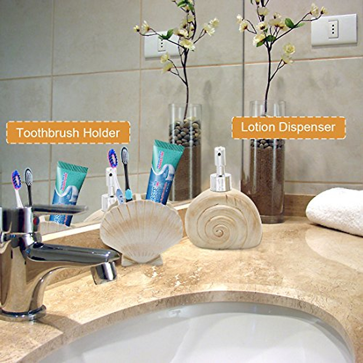 HotSan bathroom accessory Set, 5 PCS Beach Seashells Ensemble Set Includs Soap Dispenser, Soap Dish, Tumbler, Toothbrush Holder - Ivory Polyresin Set for Home, Office, Superior Hotel