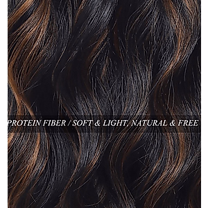 WAVE&BREEZE 14 Inch Black Mixed Brown Highlights Wigs for Women Short Wavy Curly Wig With Bangs Natural Looking Synthetic Hair Wigs Heat Resistant Fiber Wig for Daily Party (Black Mixed Brown)