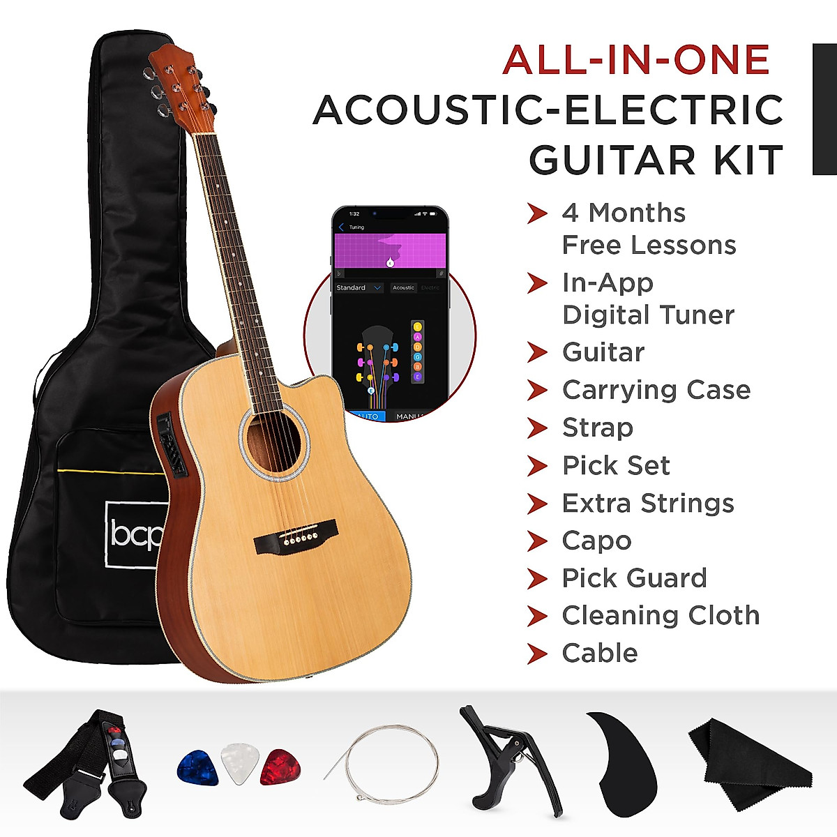 Best Choice Products Beginner Acoustic Electric Guitar Starter Set 41in w/All Wood Cutaway Design, Carrying Case, Strap, Picks, Cable - Natural