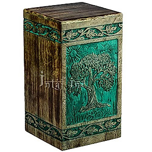 INTAJ Cremation Urn for Human Ashes - Wooden Urn Box for Ashes Handcrafted - Tree of Life Memorial Urn Funeral Cremation Urns (L(11.25x6.25) 250Cu, Teal Green)