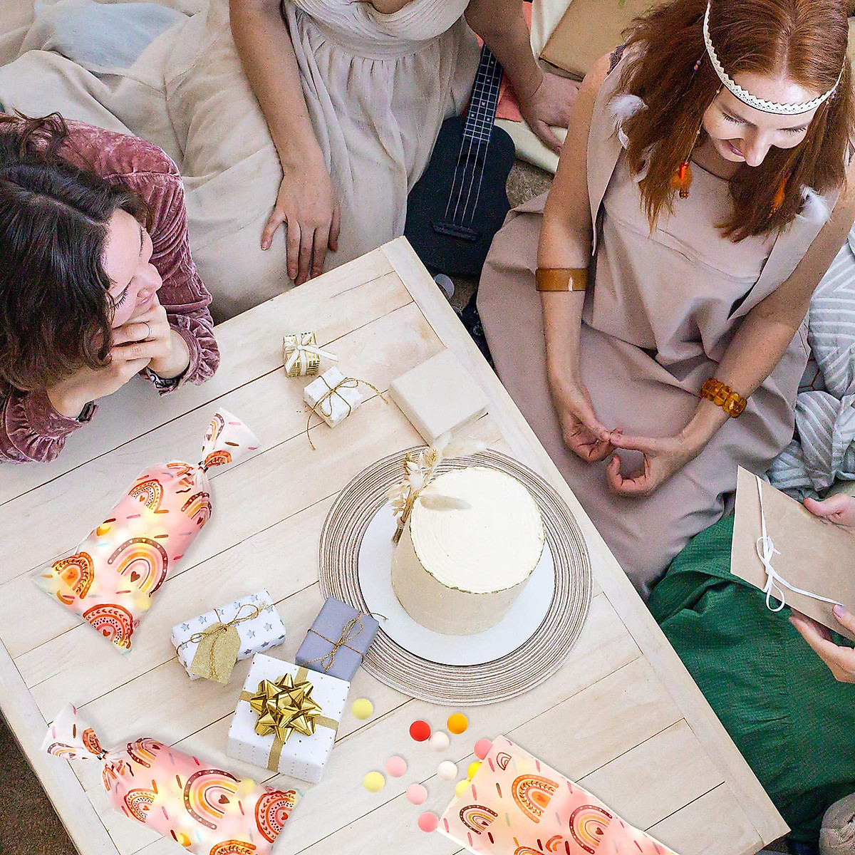 100 Pieces Boho Rainbow Cellophane Bags Boho Rainbow Candy Bags Rainbow Party Favor Bags Goodie Bags Treat Bags with 150 Pieces Silver Twist Ties for Boho Rainbow Themed Birthday Party Bags