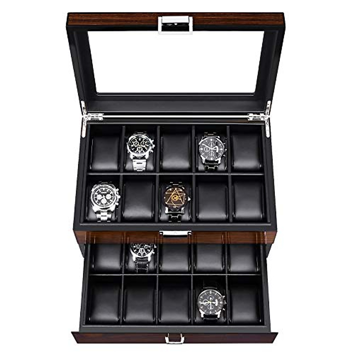 BEWISHOME Watch Box 20 Slots Watch Case for Men - Luxury Watch Organizer with Glass Top,Smooth Faux Leather Interior, Brown SSH04Y