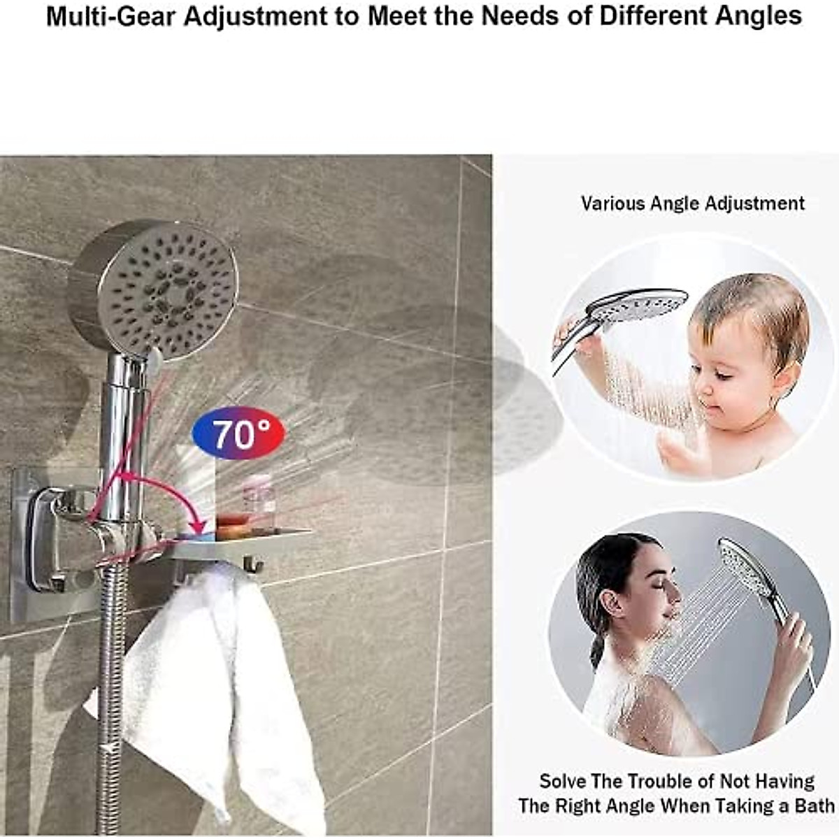 Liccyy Adhesive Shower Head Holder with Wall Shelves, Strong Self Adhesive Adjustable Waterproof Multifunction Handheld Shower Wand Holder Bracket with 3 Hanger Hooks,Wall Mount,No Drilling, Silver