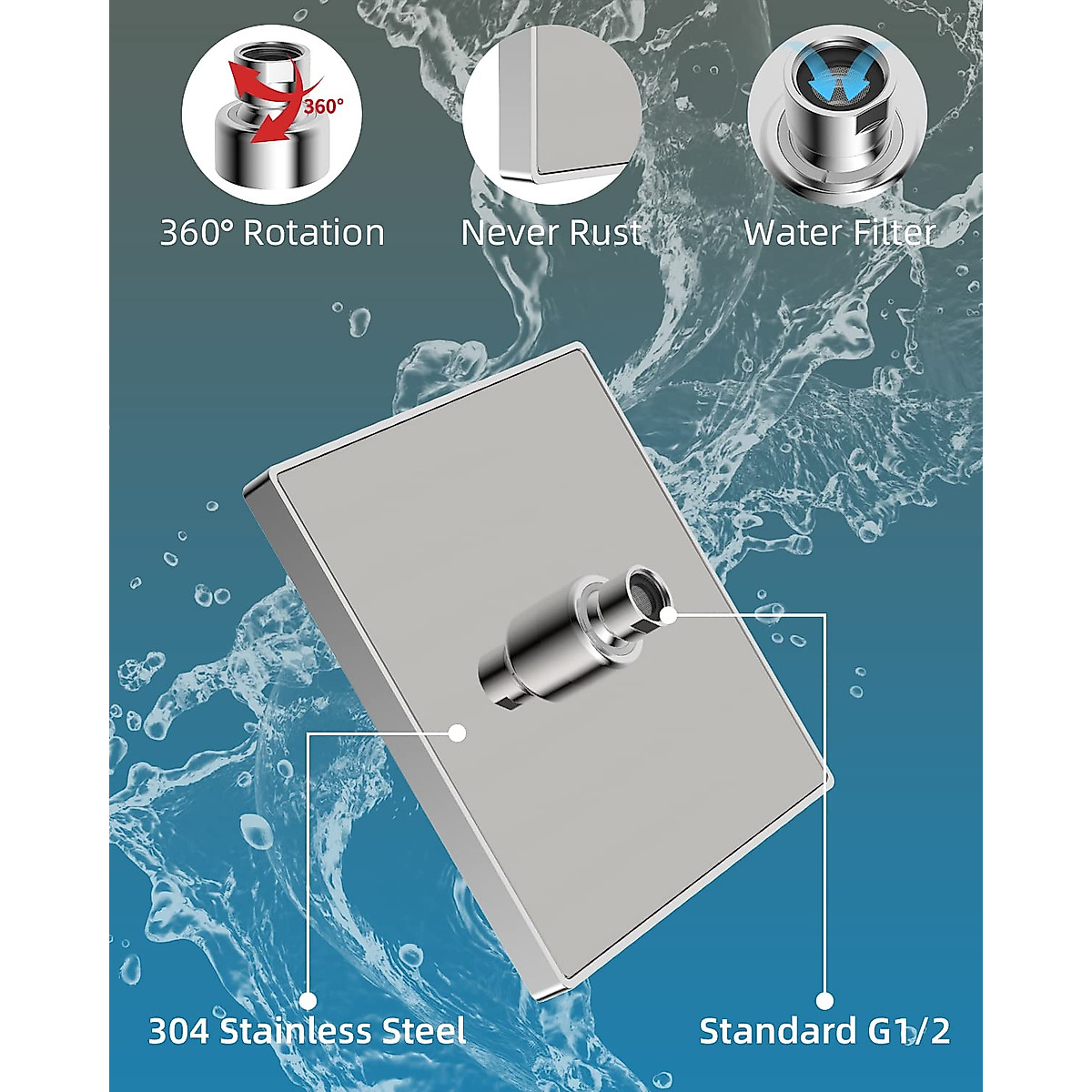 Hibbent Thickness Metal Rain Shower Head, 12 Inch High Pressure Shower Heads, Square Large Bathroom Rainfall Shower Head with Adjustable Brass Ball Joint, Waterfall Full Body Coverage, Chrome