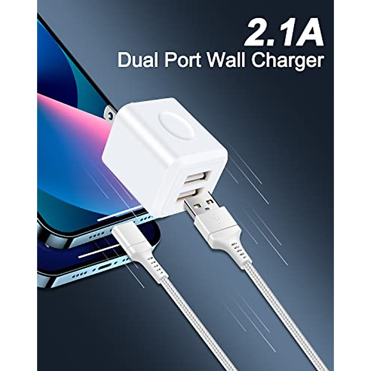 Apple Charger Kits for iPhone 14 Pro Max 14Pro 14 Plus 13Pro 13 12 11 SE 10 XR X XS 8 7 6 6s Plus, Dual USB Charger Block with USB to Lightning Cable, 2.1amp travel wall plug adapter+USB lighting cord