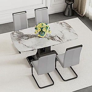 63" Glass Dining Table with White Imitation Marble Top, Kitchen Table for 4 or 6, Modern Dinner Tables with Black MDF Base, Large Dining Room Table for Dining Room/Kitchen, Easy Assembly