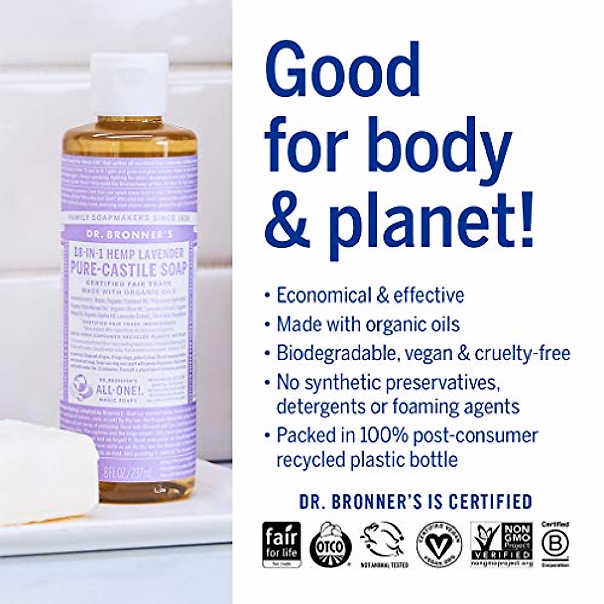 Dr. Bronner’s - Pure-Castile Liquid Soap (Lavender, 8 ounce) - Made with Organic Oils, 18-in-1 Uses: Face, Body, Hair, Laundry, Pets and Dishes, Concentrated, Vegan, Non-GMO