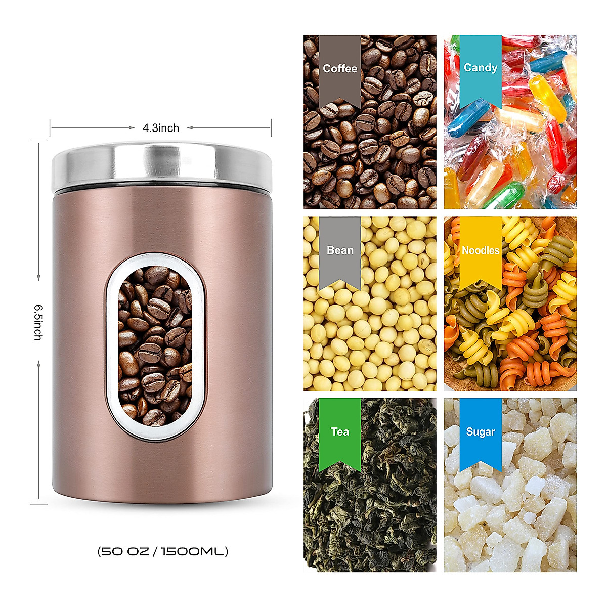 JENNIMER Kitchen Canisters Set of 3,Stainless Steel with Transparent Windows for Sugar Food Tea Coffee Candy Storage (Champaign Gold)