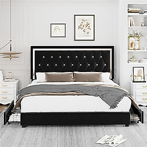 HITHOS Queen Size Bed Frame with 4 Storage Drawers and Adjustable Headboard, Modern Upholstered Platform Bed with Wood Slat Support, Diamond Button Tufted Design, No Box Spring Needed (Black, Queen)