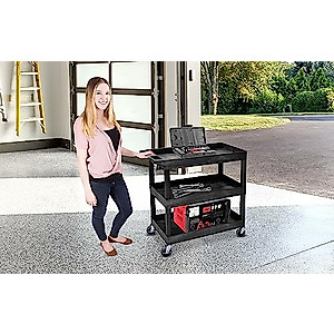 Offex 32" x 18" Mobile Multipurpose Utility Tub Cart with 3 Shelves and Ergonomic Handle - Black, Great for Warehouse, Garage and More