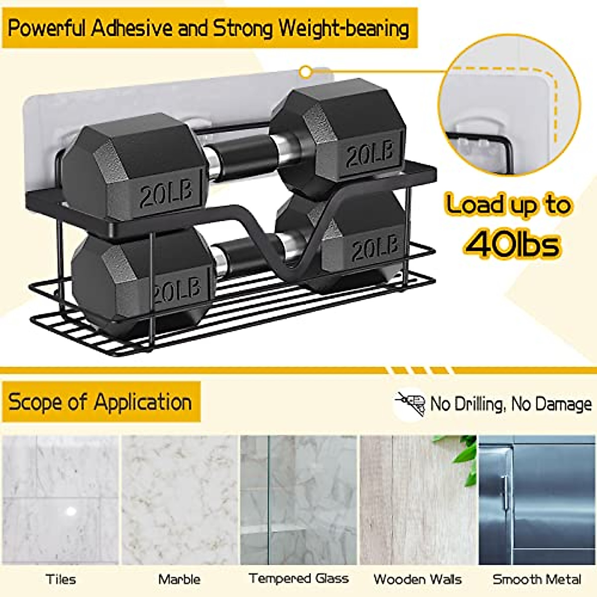 SIXDOVE Shower Caddies 2 PACK - No Drilling Adhesive Shower Organizer with Hooks, Rustproof SUS304 Stainless Steel Bathroom Shower Shelf, Shower Rack Large Shower Holder & Kitchen Storage(Matte Black)