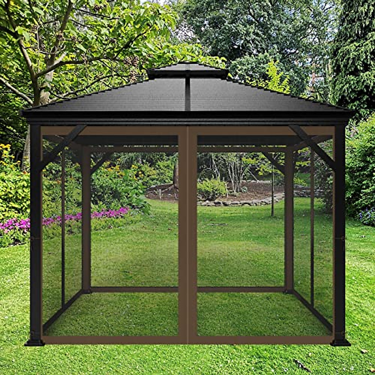 12-ft x 12-ft Gazebo Netting Replacement,Universal 4-Panel Mosquito Netting for Gazebo with Zippers(Only Netting)-Brown