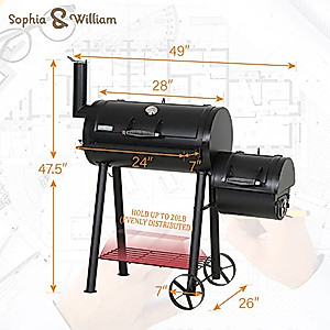 Sophia & William Charcoal Grill with Offset Smoker, 512 Square Inches Outdoor BBQ Grill Offset Charcoal Smoker for Patio, Garden, Picnics, Camping, Backyard Cooking, Black