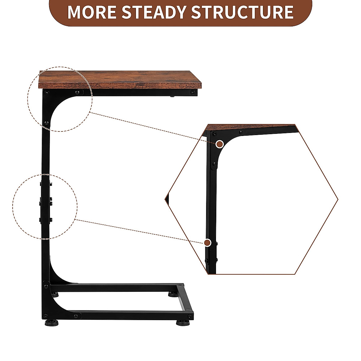 BETTAHOME C Shaped End Table, Set of 2 Side Table, for Couch, Bed, Chair, Living Room, Bedroom, Slides Under Sofa, Tray for Snack, Laptop, TV Dinner, Rustic Brown and Black BT001D