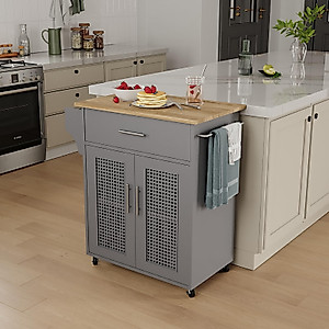 Tornama Kitchen Island with Storage, Rolling Kitchen Island on Wheels with Solid Wood Countertop, White Kitchen Island Cart with Rattan Storage Cabinet, Spice Rack, Towel Rack and Drawers