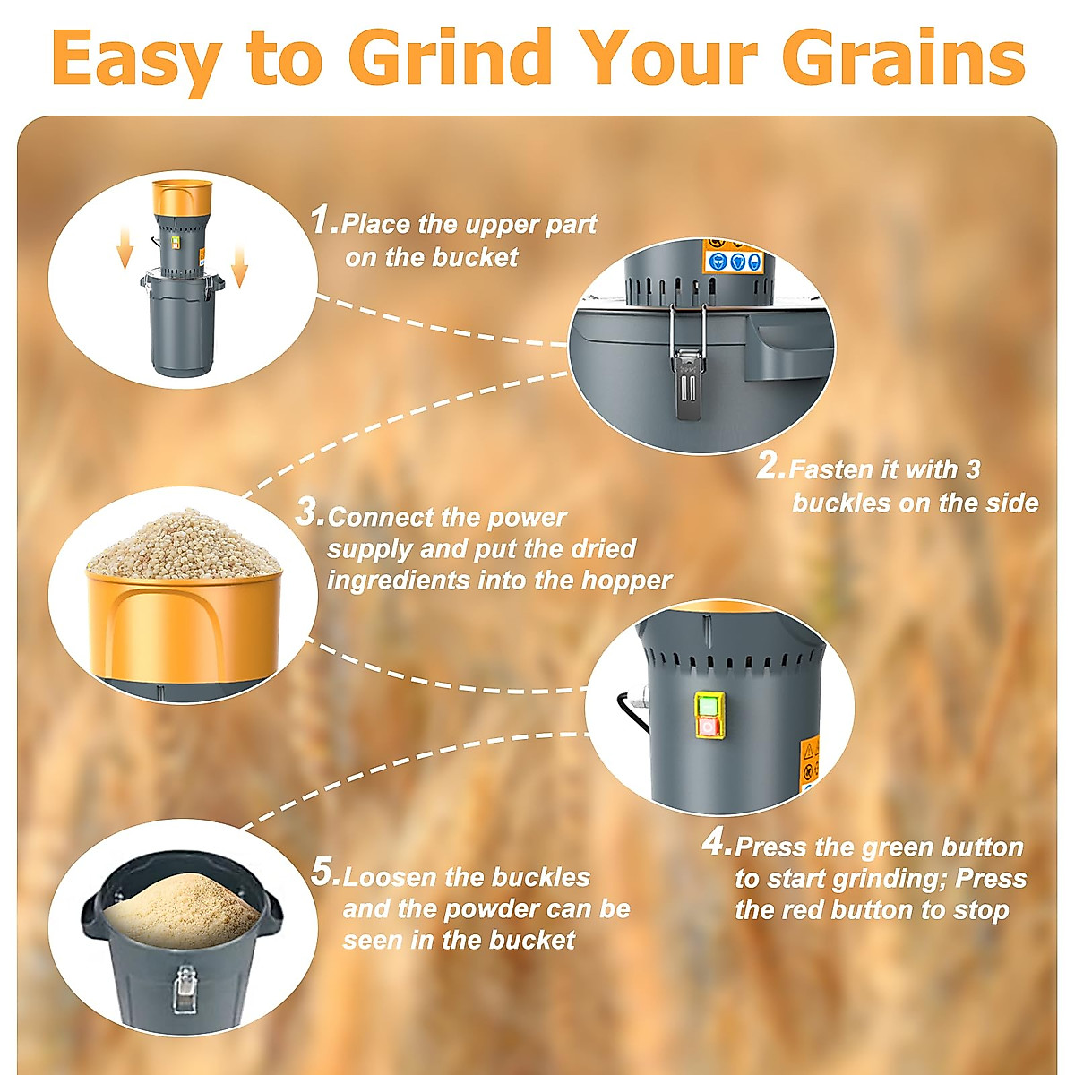 Eachbid 25L Grain Mill Grinder, 1300W Electric Grain Grinder Mill, Detachable 6.6 Gal Bucket & Hopper, with 5 Grinder Sieves+1Wrench, Feed Mill Dry Cereals, Corn Grinder, Wheat Grinder, Molino de Maiz