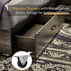 VanAcc King Size Bed Frame, Wooden Platform Storage Bed with 51.2" Bookcase Headboard, 2 Drawers, Charging Station/No Box Spring Needed/Noise Free(Rustic Grey)