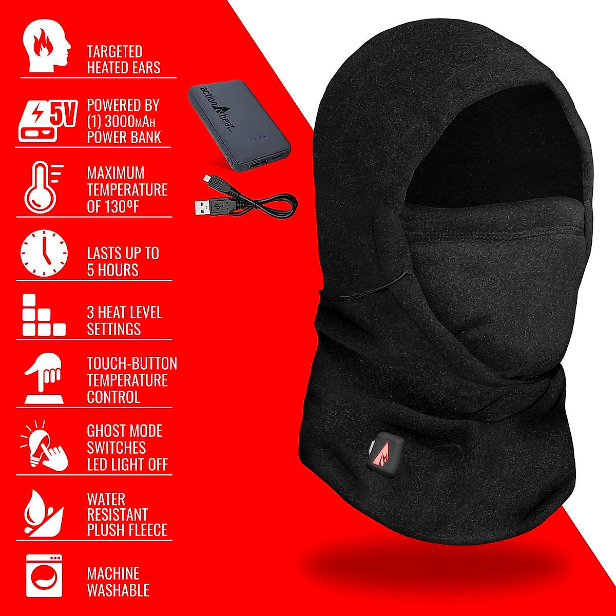 ActionHeat 5V Battery Heated Fleece Balaclava Face Mask Men - Winter Face Mask for Cold Weather, Unisex Heated Hat, One Size Black