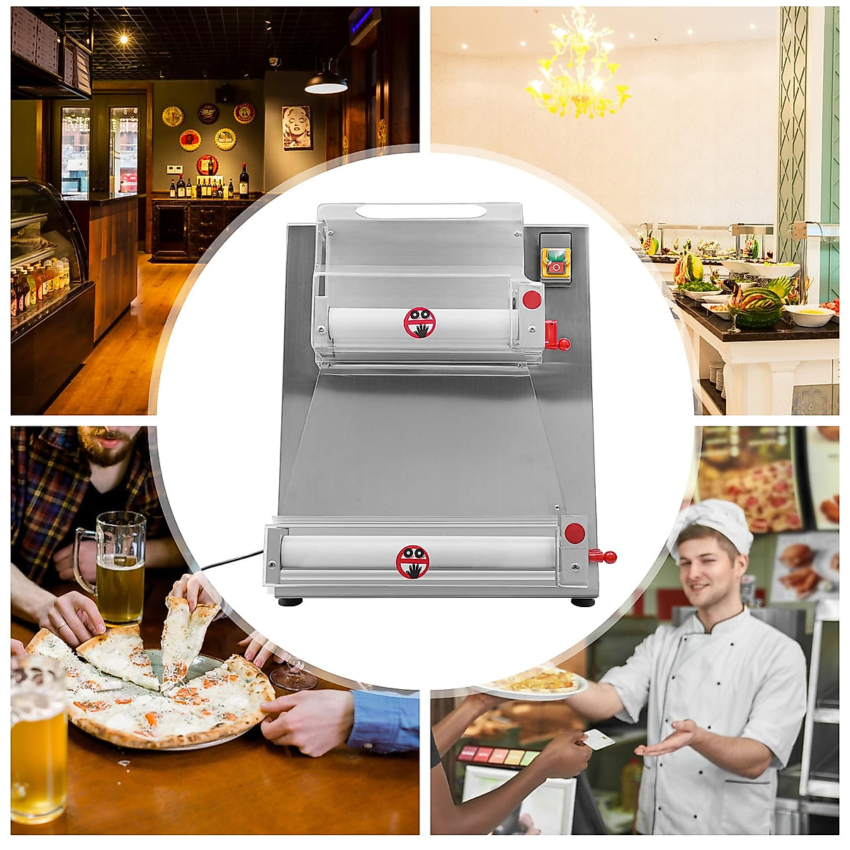 Commercial Pizza Dough Roller Sheeter, 3-15 Inch Electric Automatic Pizza Press, Stainless Steel Adjustable Thickness Dough Machine for Bakeries, Pizzerias, Restaurants, Kitchens