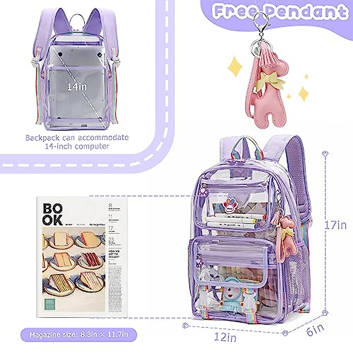 Maod Clear Backpack Heavy Duty Stadium Approved PVC Transparent Large School Book Bag with Free Sticker and A Pendant (Purple)