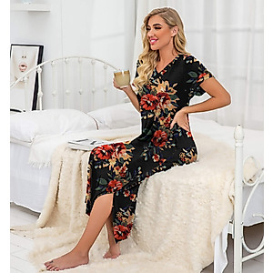 PrinStory Womens Long Nightgown Short Sleeve Nightshirt V-Neck Soft Loungewear Casual Sleepwear With Pockets FP-Brown Black-Large