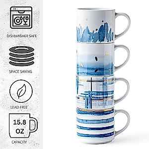 Divitis Home 15.8OZ stackable coffee mugs set of 4, new bone china coffee mugs, coffee cup sets of 4, coffee mugs set, coffee cup set, coffee cups, mugs, tea mugs, tea cups (Blue Vibes)