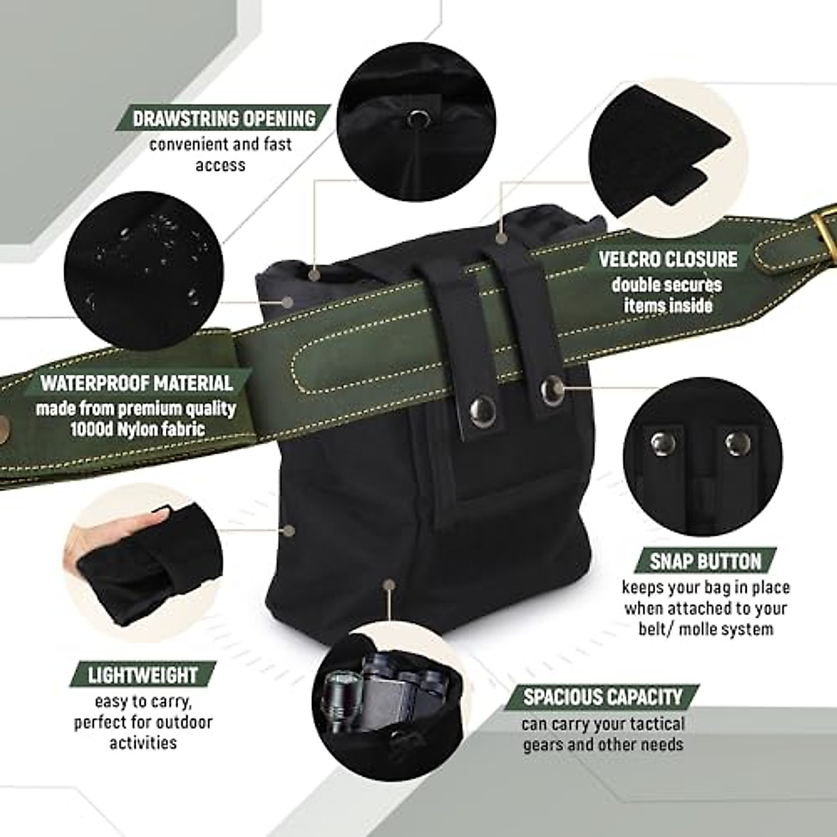 GearHill Molle Dump Pouch Drawstring Roll-Up Tactical Drop Pouch, Lightweight, Durable, Folding Hunting Utility Bag, Ammo Magazine Pouch (Black)