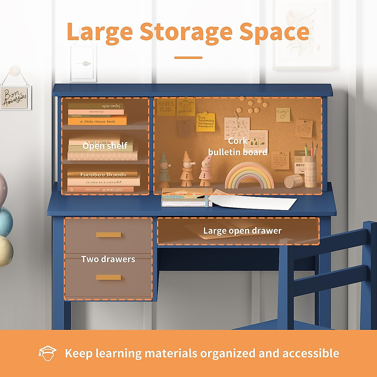 wanan Kids Desk and Chair Set, Wooden Children Study Table with Hutch/Drawer & Bulletin Board, Student Study Desks Computer Desk Art Desk for Bedroom Study Room (Blue)