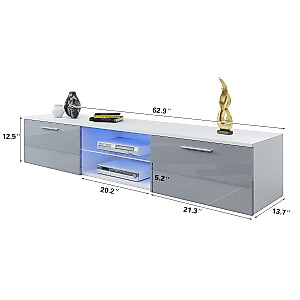 COSVALVE TV Stand for Living Room with LED & Grey Doors, Modern Television Stands for 70 Inch TV, High Gloss Entertainment Center with Storage, Media Console Table with Display Shelves