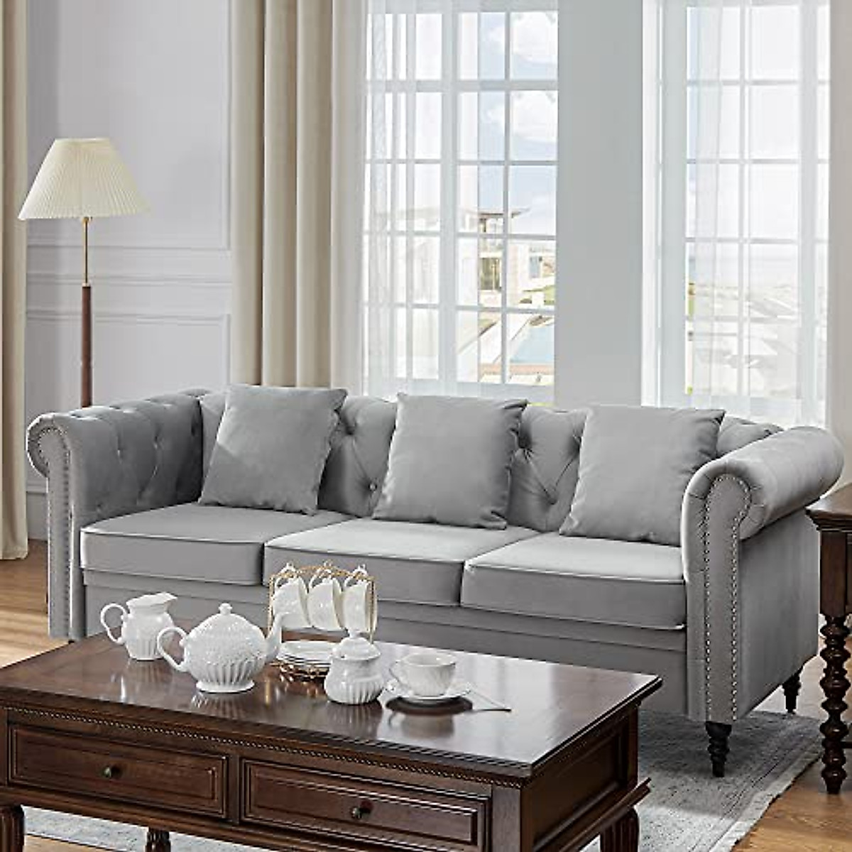 kinmars Chesterfield Sofa Velvet,3 Seater Couch Furniture,Couches for Living Room with Deep Button Tufting,Large Sofa with Rolled Arms (Grey)