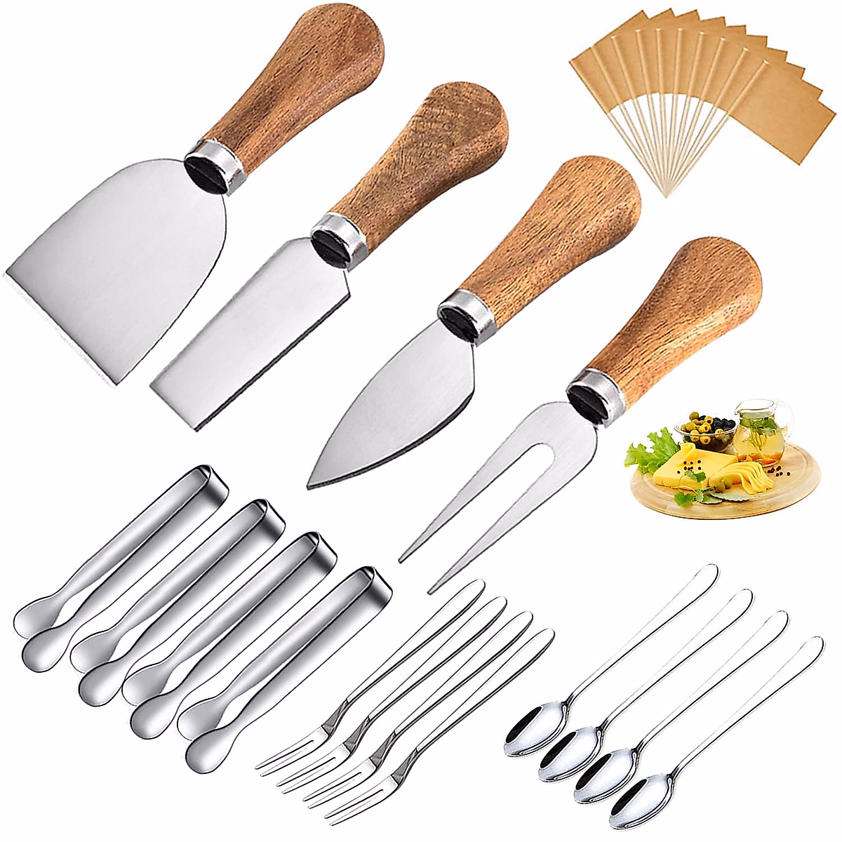 Cheese Knives Tools Set Mini Stainless Steel Cheese Knife with Wooden Handle, Serving Tongs, Spoons, Forks, and Toothpick Flags - Perfect for Parties, Weddings, and Christmas